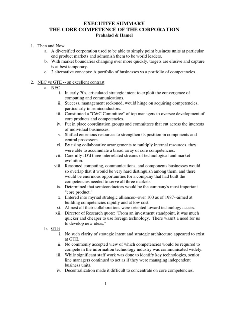Core Competence Insights by Prahalad & Hamel | PDF