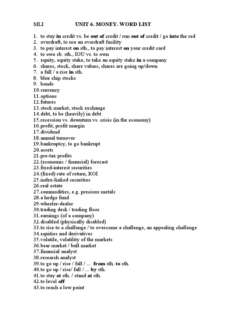 MLI Unit 6 Money Word List | PDF