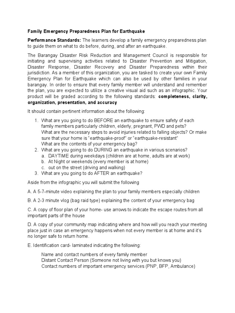 Family Emergency Preparedness Plan For Earthquake | PDF