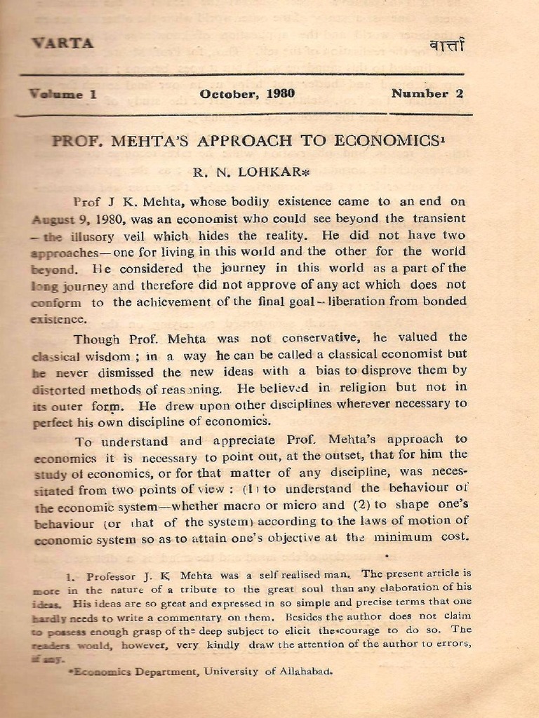 Prof Mehta's Approach To Economics | PDF