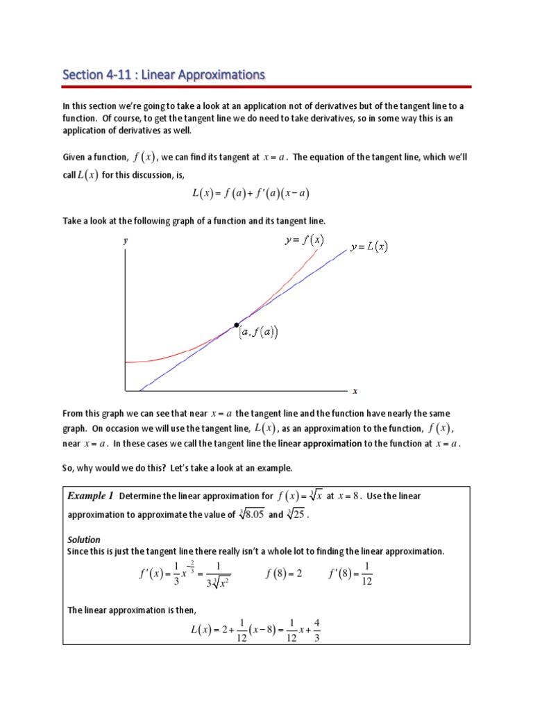 Linear Approximations Using Tangent Lines To Estimate Function Values Near A Specific Point