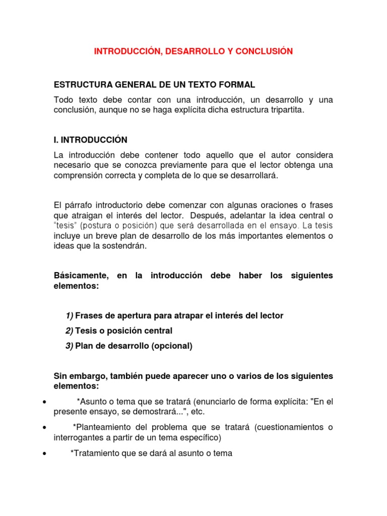 Estructura De Texto Introducción Desarrollo Y Conclusión Pdf
