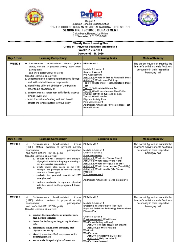 PE 1 Weekly-Home-Learning-Plan | PDF | Physical Fitness | Education Theory