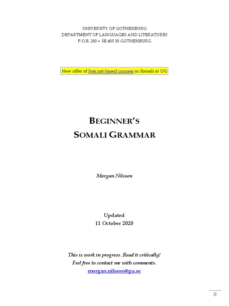 Beginners Somali Grammar | PDF | Grammatical Gender | Verb