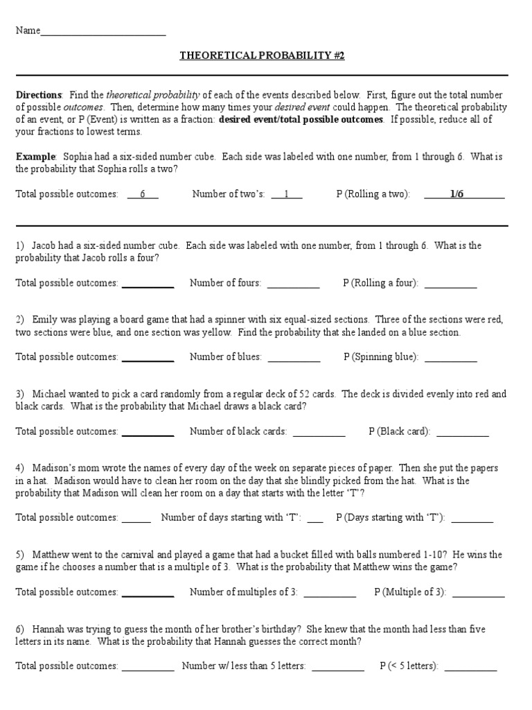 Theoretical Probability Worksheet 2 | PDF | Probability | Teaching ...