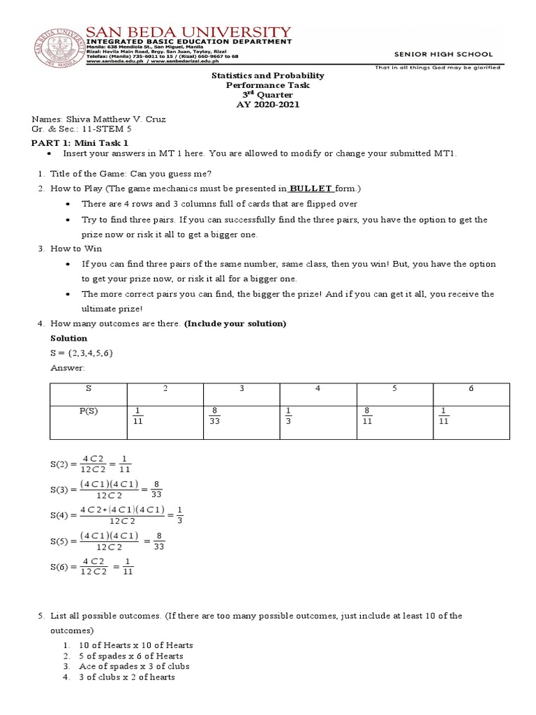 Statistics and Probability Performance Task 3 Quarter AY 2020-2021 ...