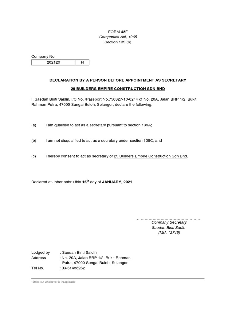 Form 48F (Declaration by A Person Before Appointment As Secretary) | PDF
