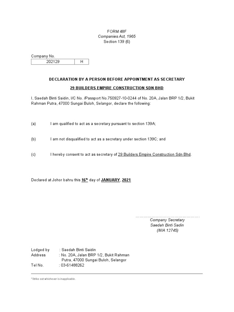Form 48F (Declaration by A Person Before Appointment As Secretary) | PDF