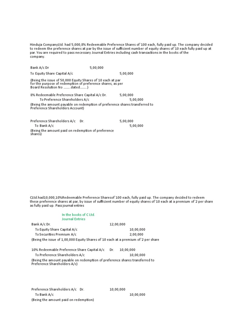 Redemption of Preference Shares | PDF | Equity (Finance) | Preferred Stock