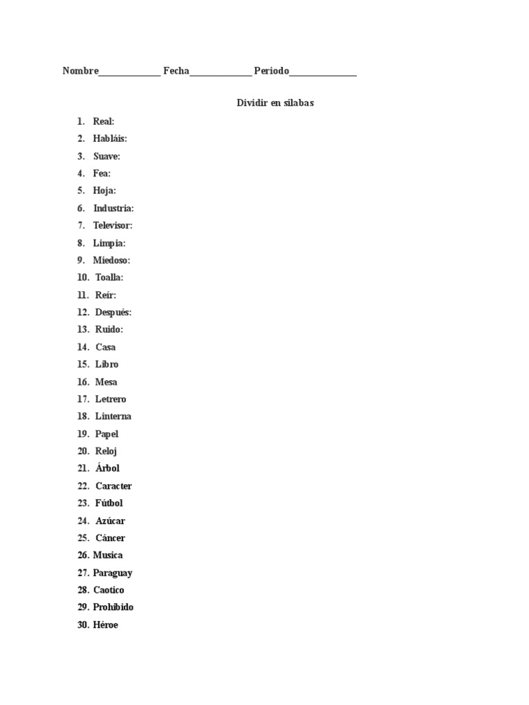 División Silábica de Palabras Comunes | PDF | Estudios de idiomas ...