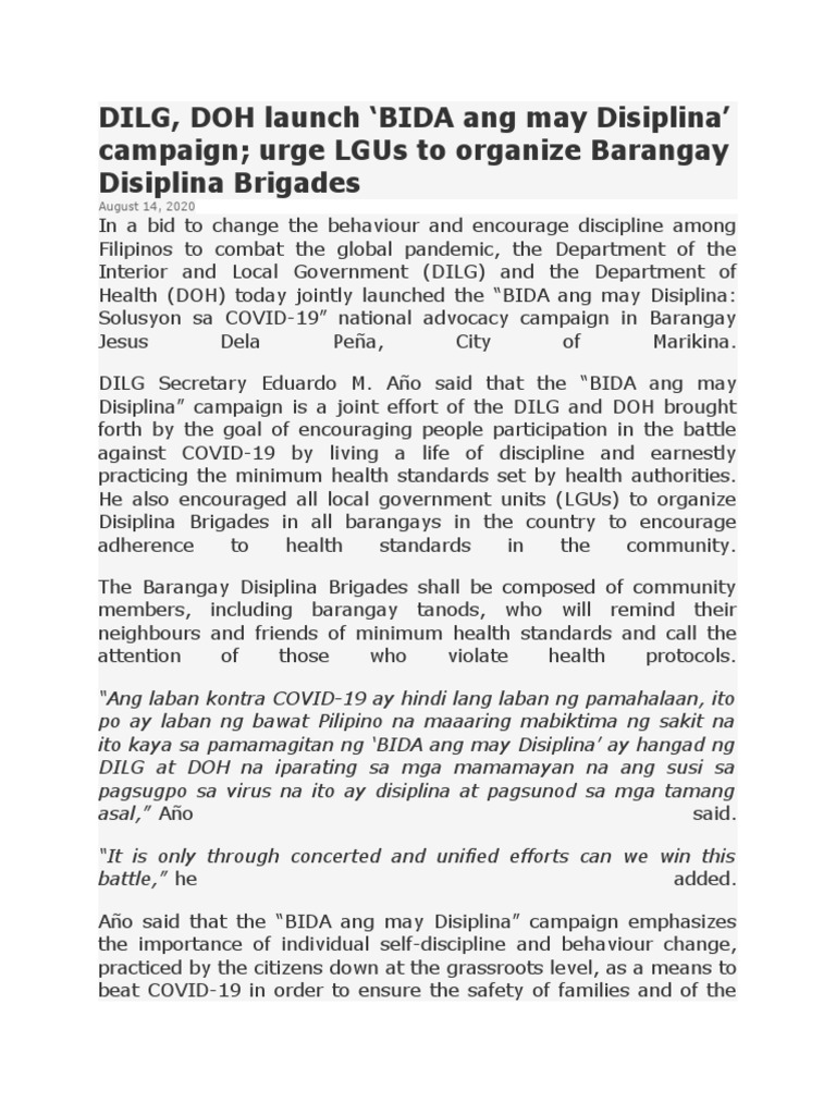 Dilg, Doh Launch Bida Ang May Disiplina' Campaign Urge Lgus To Organize ...