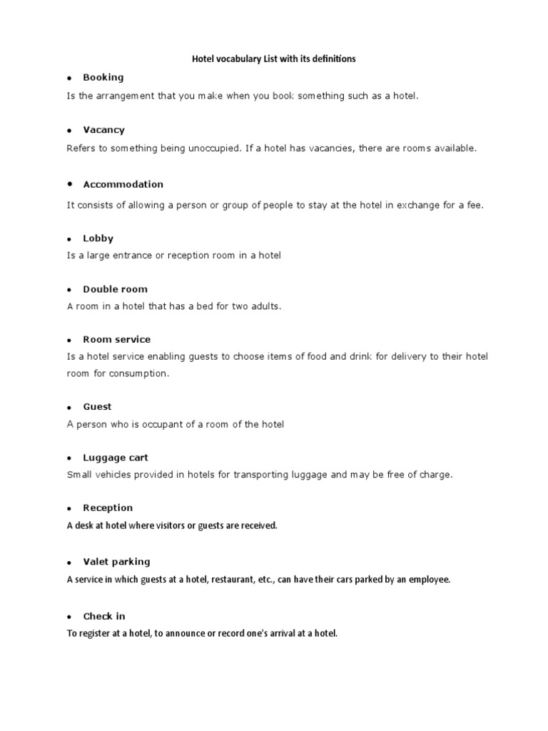Hotel Vocabulary and Definitions | PDF