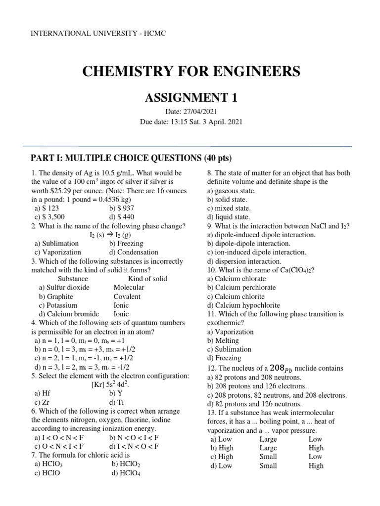 Chemistry For Engineers: Assignment 1 | PDF | Atomic Orbital | Chlorine