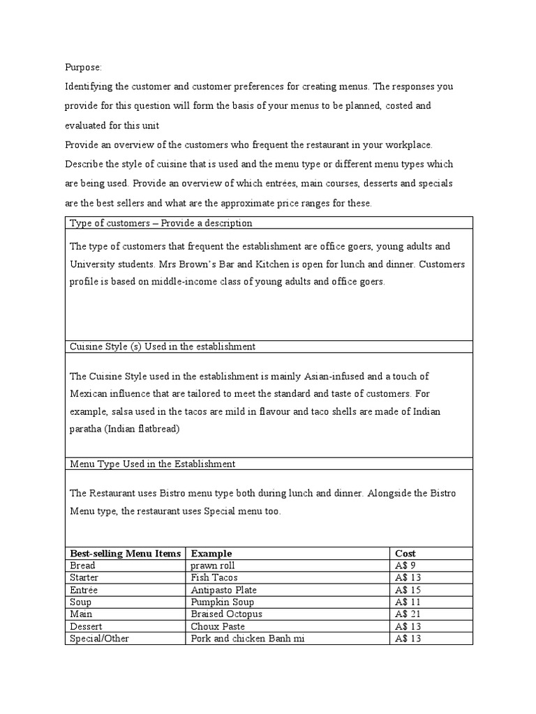 Plan and Cost Basic Menu Assignment 1 | PDF