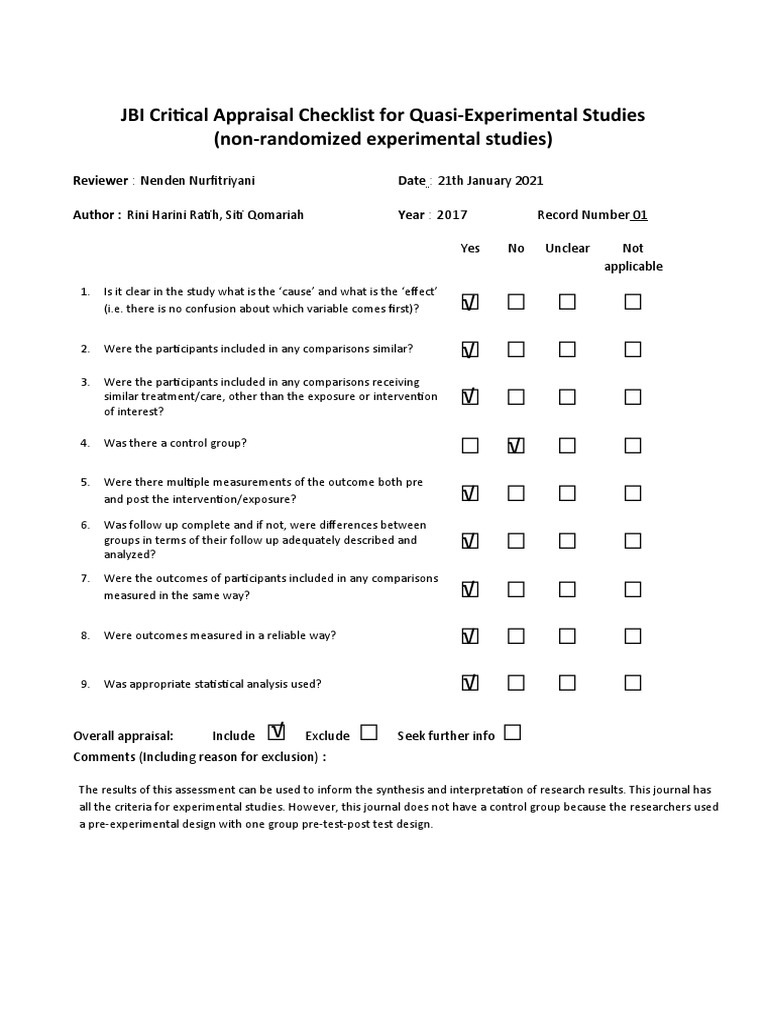 JBI Critical Appraisal Checklist For Quasi-Experimental Studies (Non-Randomized Experimental ...