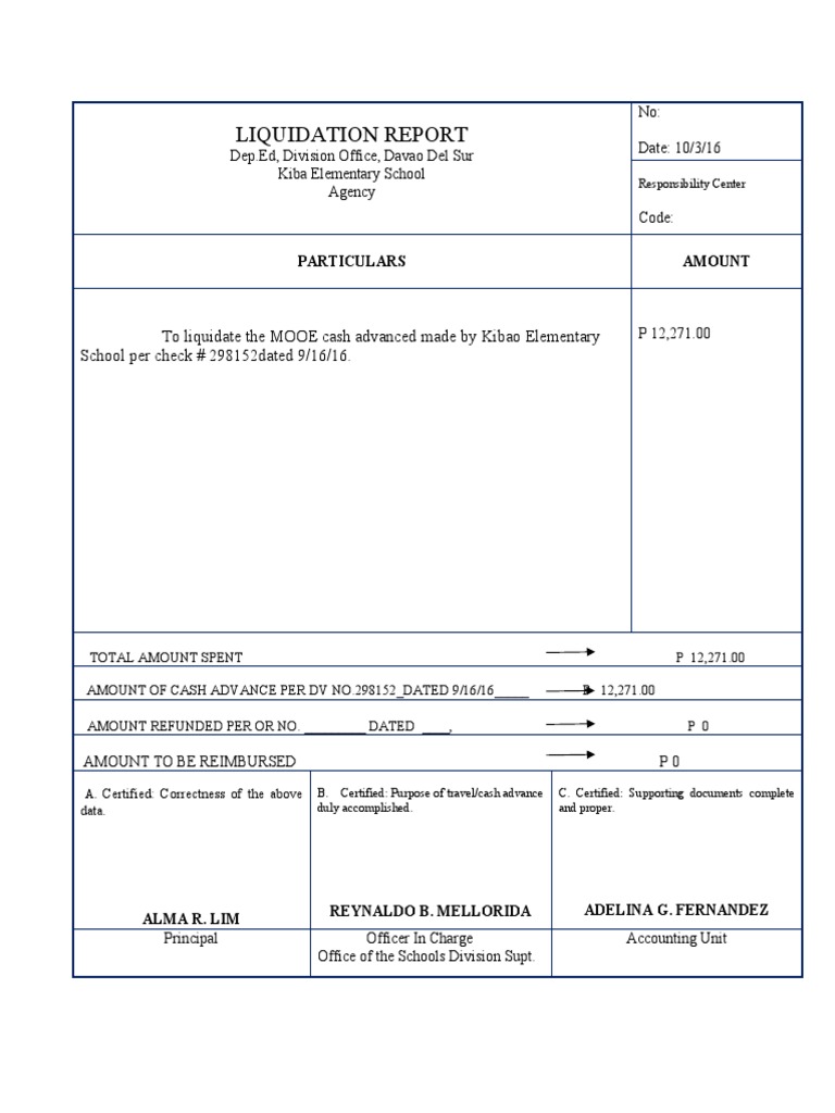 Liquidation Report: To Liquidate The MOOE Cash Advanced Made by Kibao ...