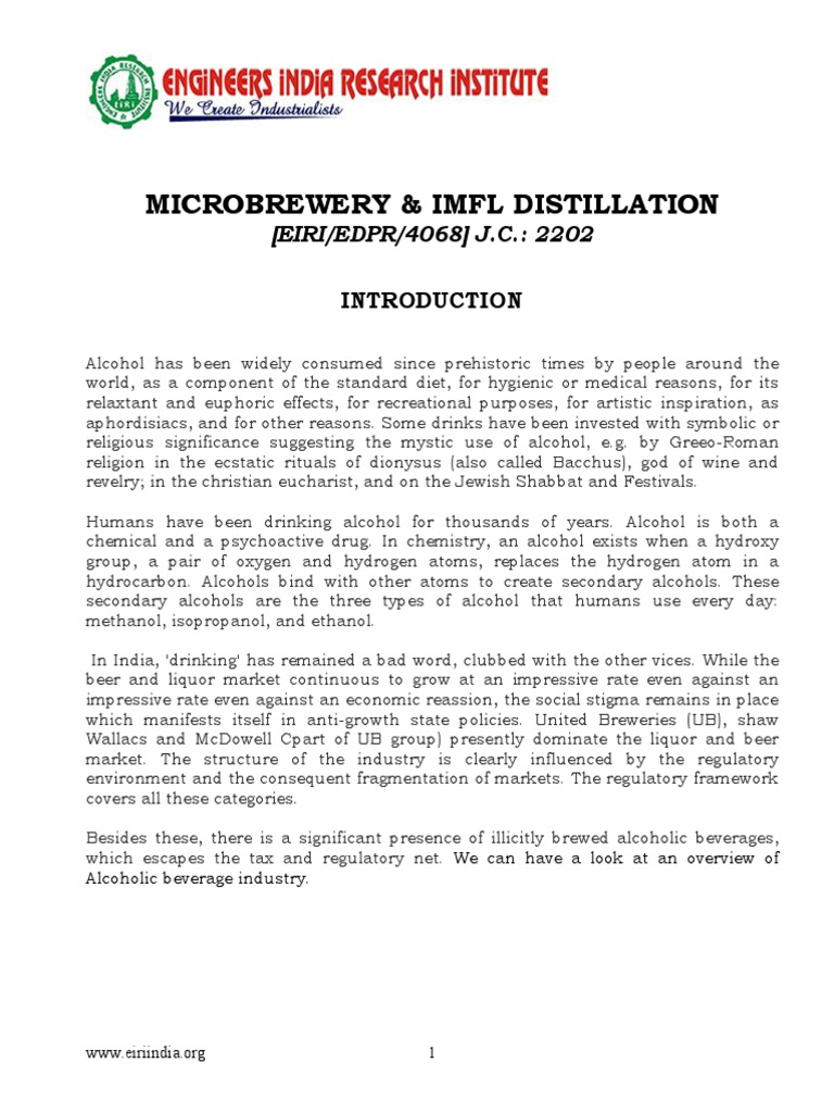 Project Report On Microbrewery Imfl Distillation Pdf Brewing