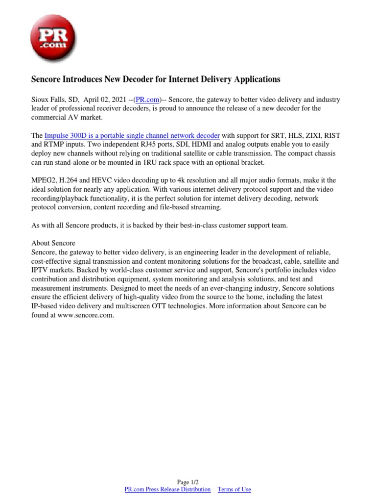 Sencore Introduces New Decoder For Internet Delivery Applications | PDF ...