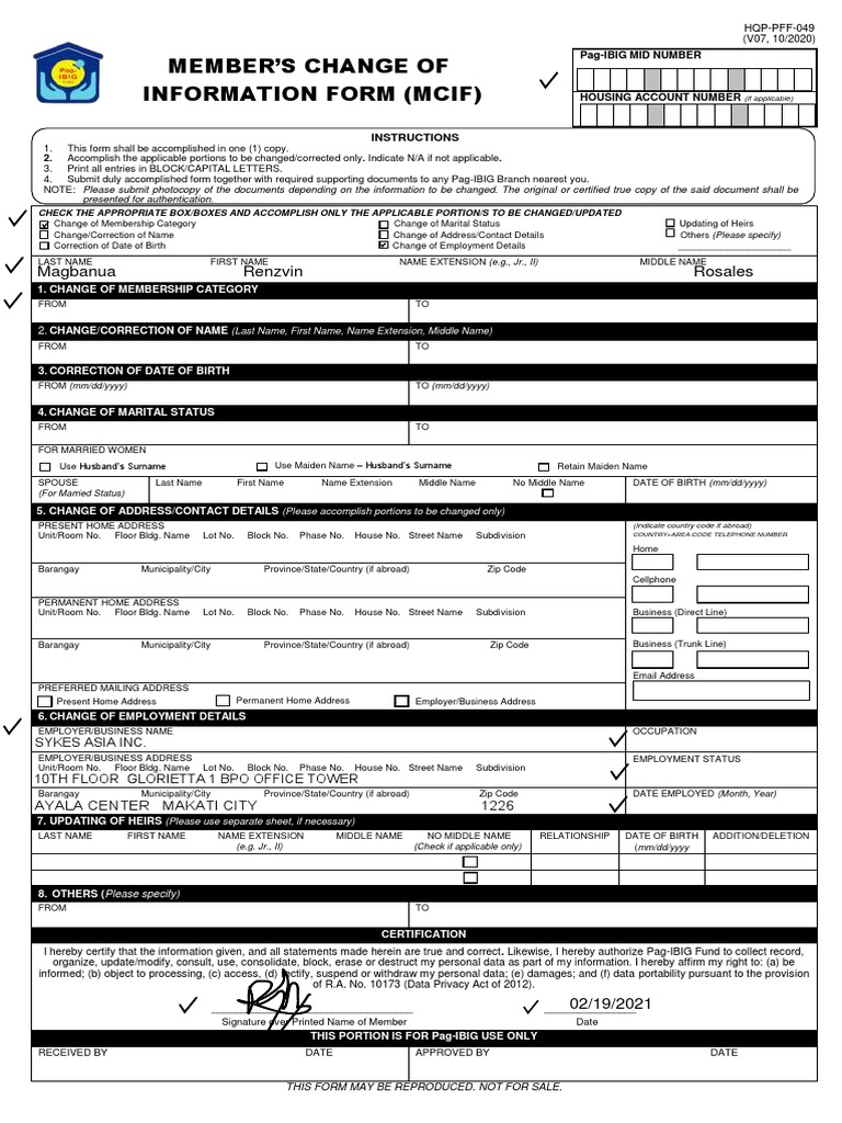 Pag-IBIG Member Change Form (MCIF) | PDF | Marriage | Social Institutions