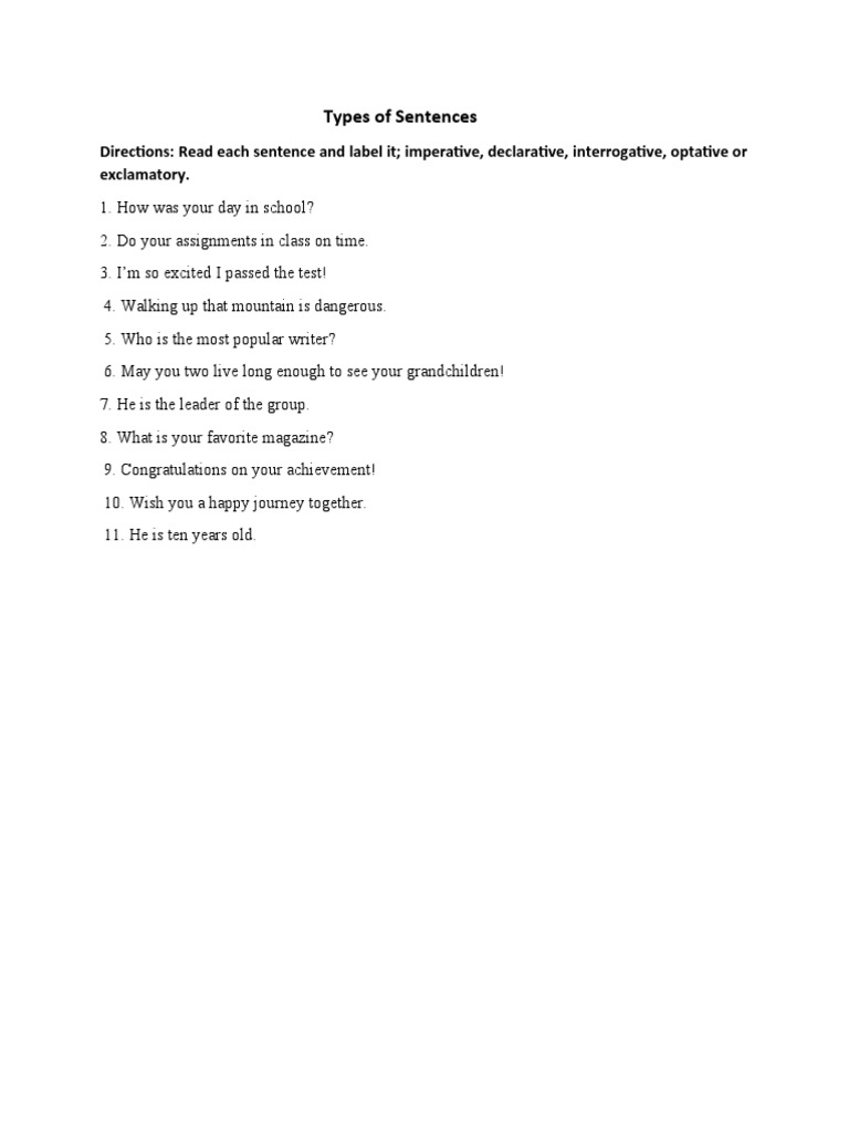 Types of Sentences (Function) Worksheet | PDF