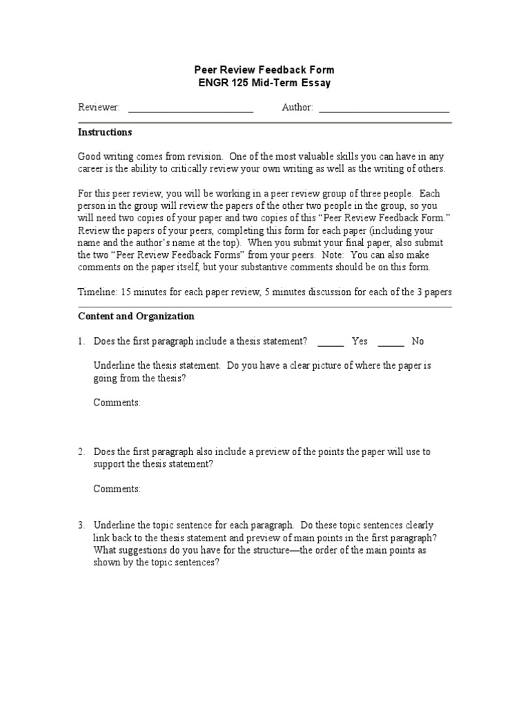 Peer Review Feedback Form ENGR 125 Mid-Term Essay | PDF | Thesis ...