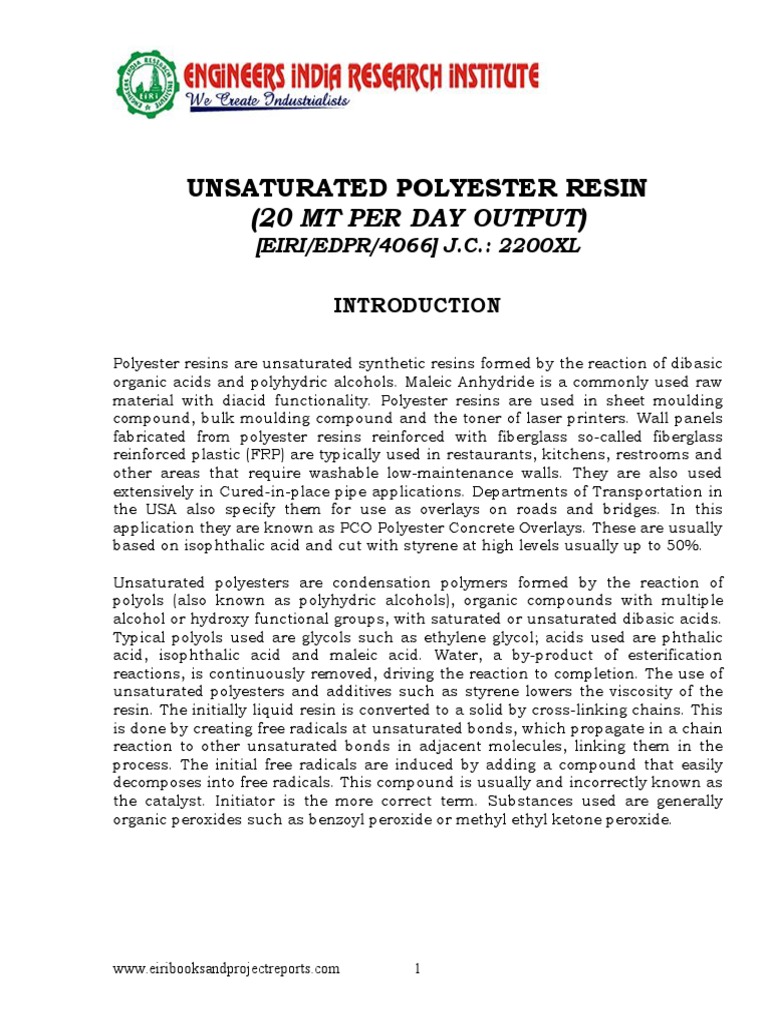Project Report On Unsaturated Polyester Resin (20 MT Per Day Output ...