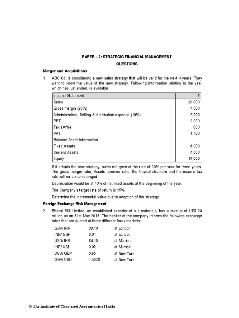 Paper - 2: Strategic Financial Management Questions Merger and ...