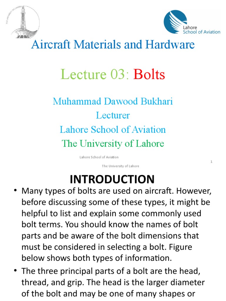 Aircraft Materials and Hardware: Bolts | PDF | Nut (Hardware) | Screw
