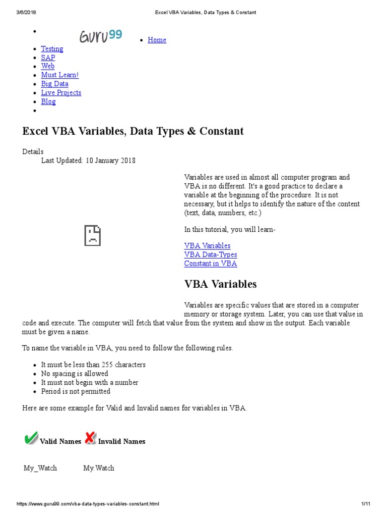 Excel VBA Variables, Data Types & Constant | PDF | Variable (Computer Science) | Visual Basic ...