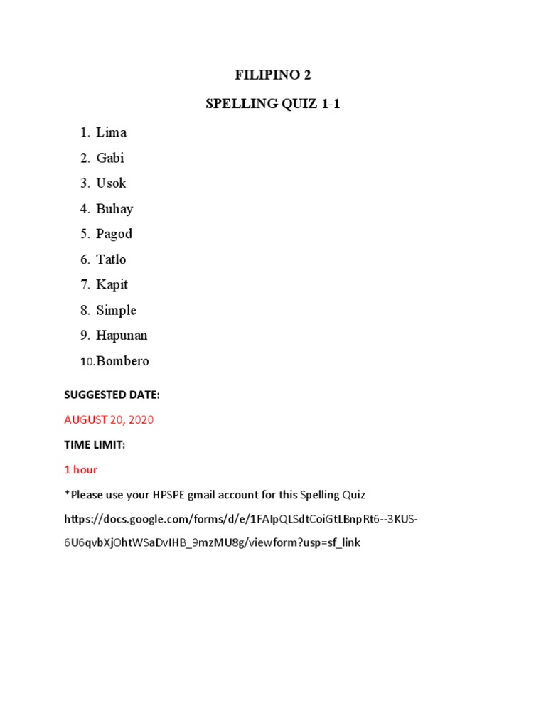 FILIPINO 2 (1st Spelling Quiz) | PDF