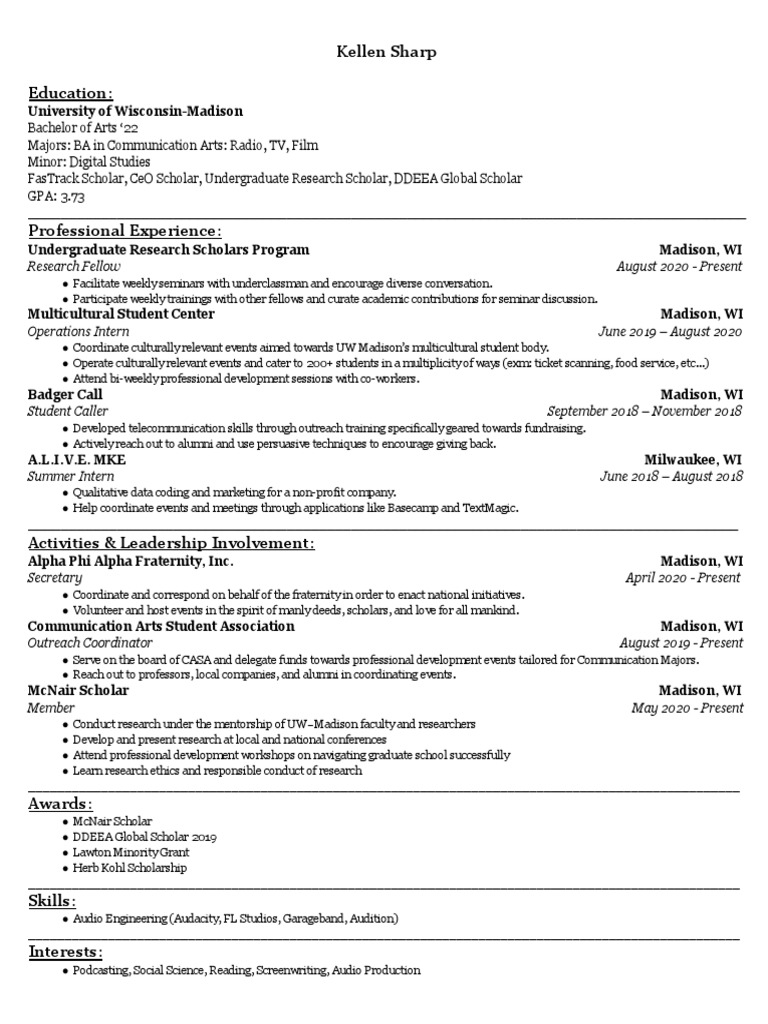 Kellen Sharp Resume 2020-2021 | PDF | University Of Wisconsin–Madison ...