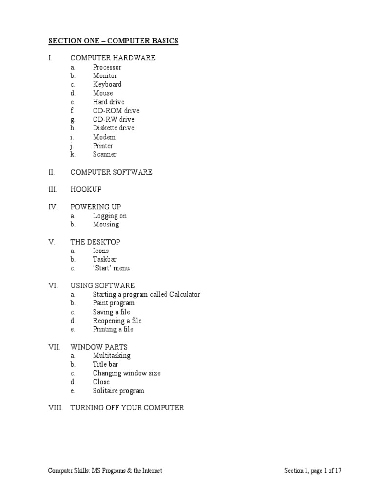 Computer Skills: MS Programs & The Internet Section 1, Page 1 of 17 ...