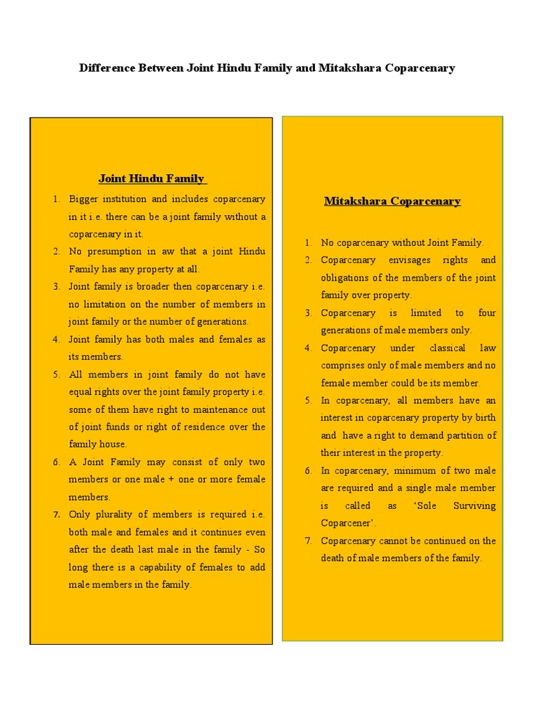 Difference Between Joint Hindu Family and Mitakshara Coparcenary | PDF ...