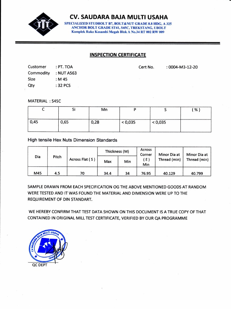 Inspection Certificate Nut m45 | PDF