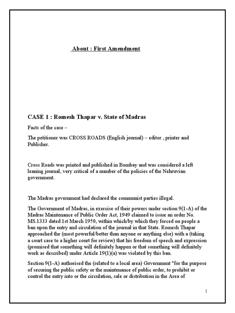 About: First Amendment: CASE 1: Romesh Thapar v. State of Madras ...