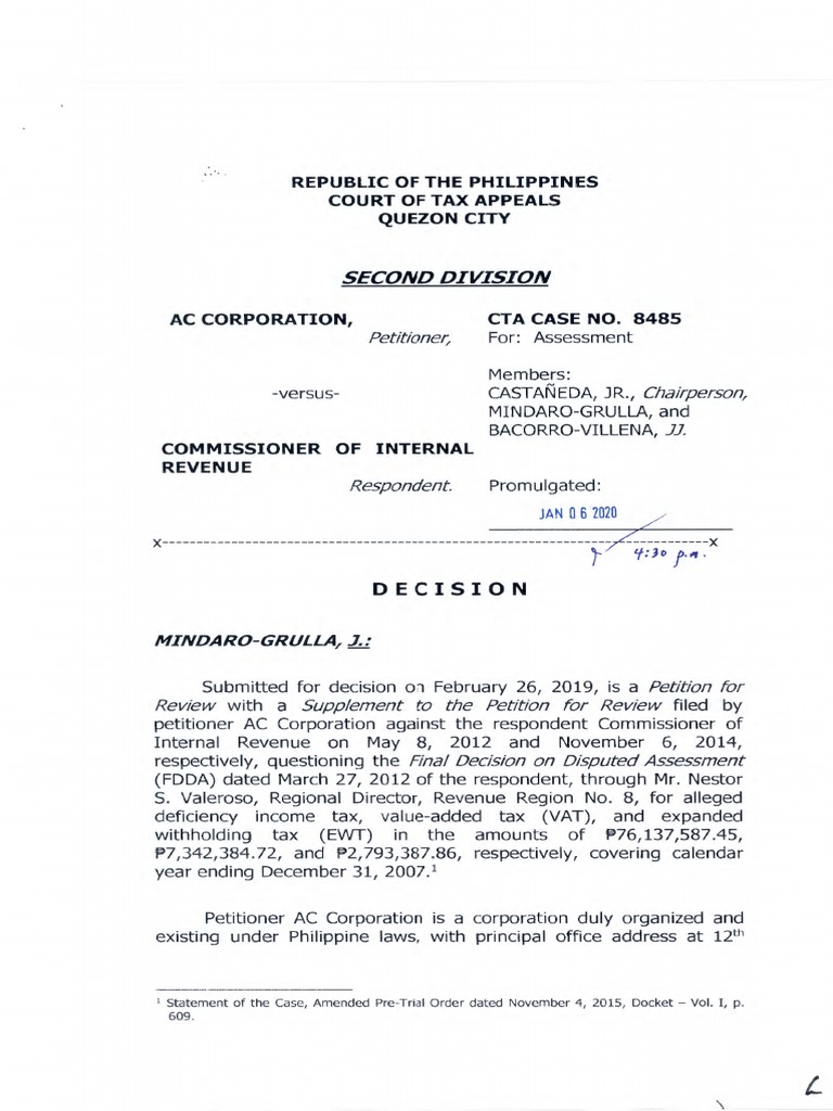 AC Corporation v. CIR (CTA Case No. 8485) | PDF | Taxation In The ...
