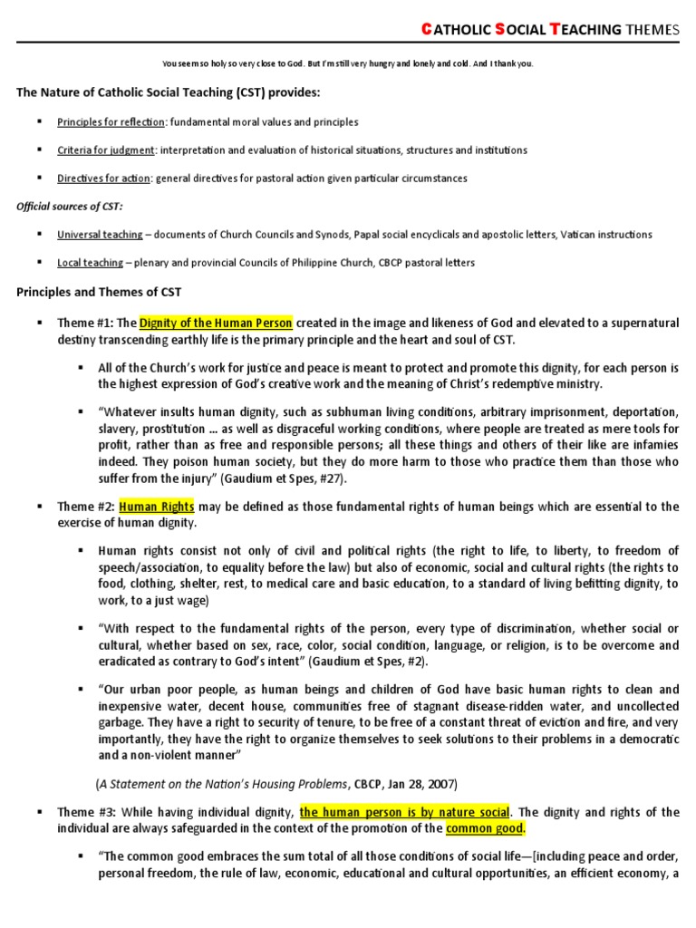 CST Themes Explained | PDF | Catholic Social Teaching | Dignity