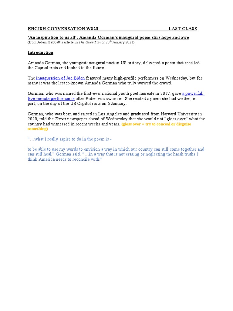 Amanda Gorman's Inaugural Poem Analysis | PDF | Poetry