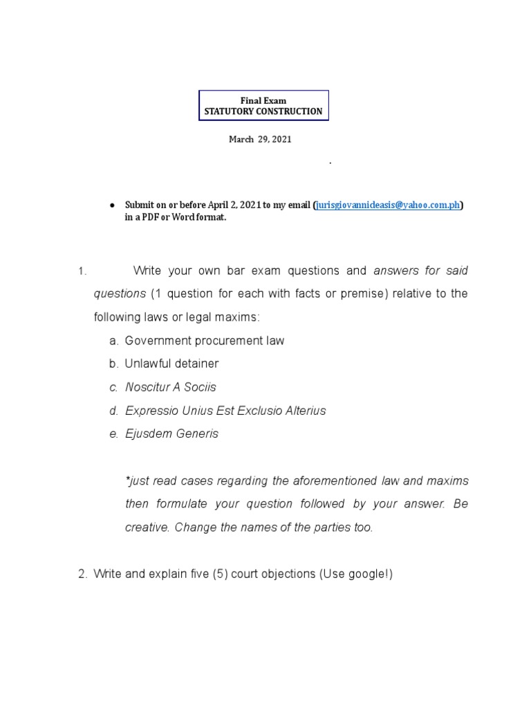 Write Your Own Bar Exam Questions and Answers For Said | PDF