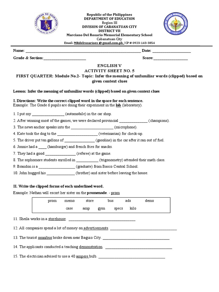 Clipped Words Activity for Grade 5 | PDF | Schools