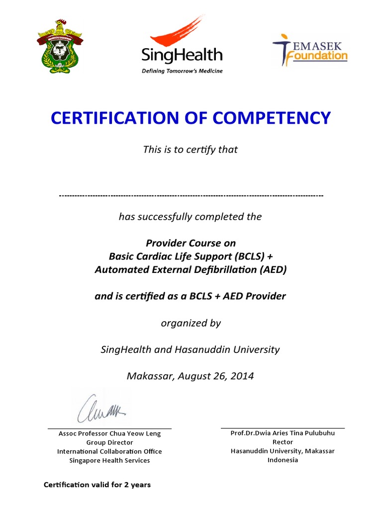 Certification For BCLS AED - 26 Aug 2014 | PDF