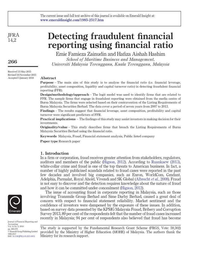 Detecting Fraudulent Financial Reporting Using Financial Ratio | PDF ...