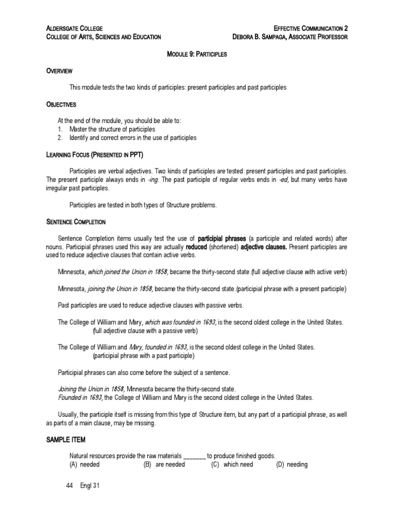 Module 9 Participles | PDF | Verb | Adjective