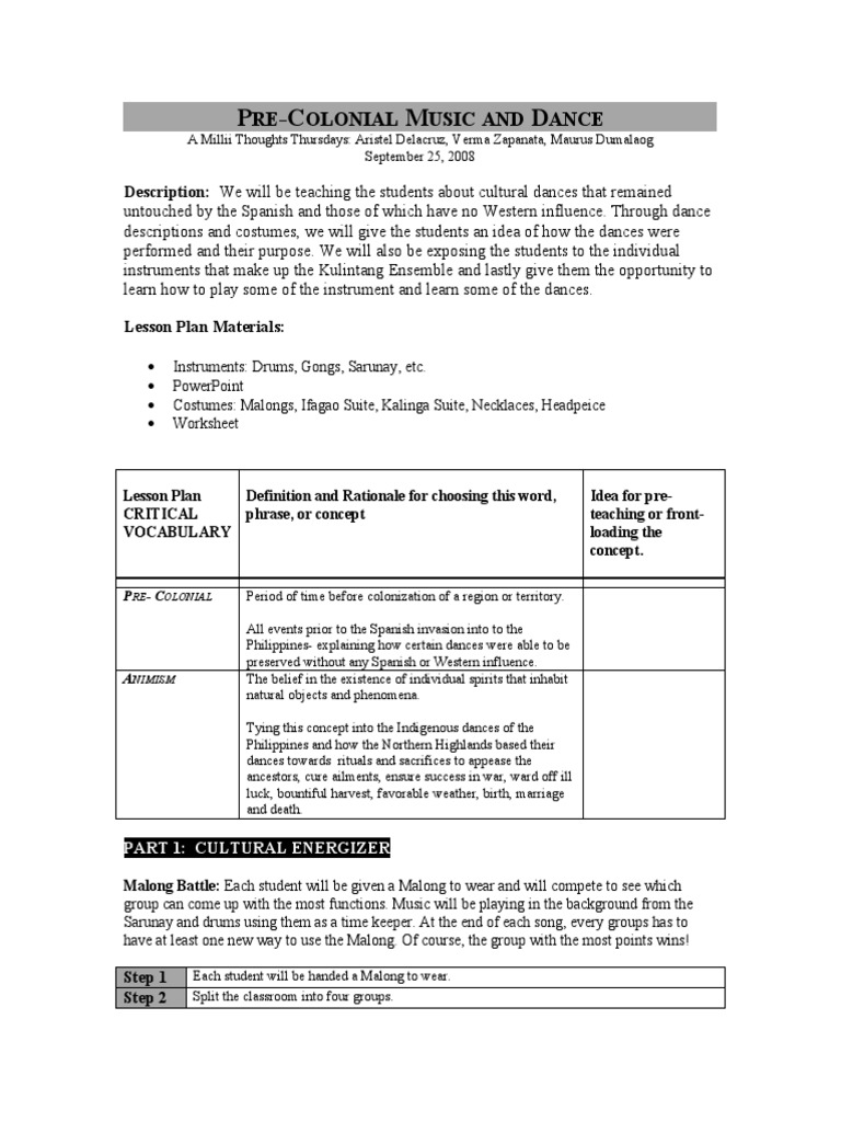 Lp1 - Pre-Colonial Music and Dance | PDF | Worksheet | Dances