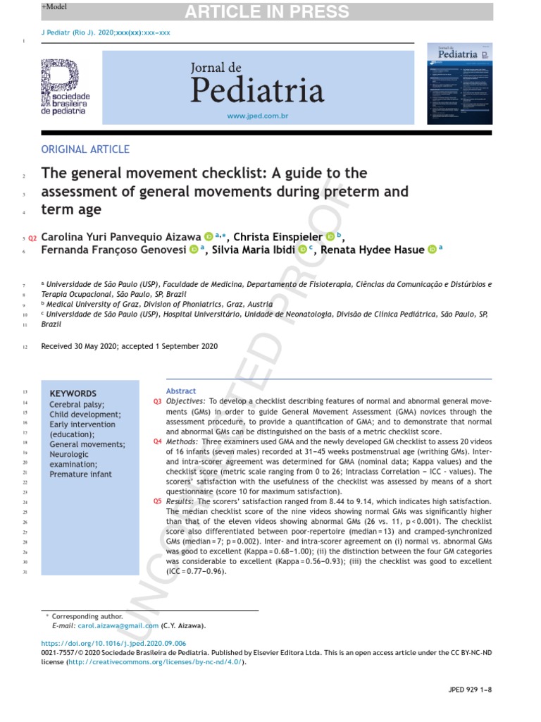 The General Movement Checklista Guide To The Assessment of General ...
