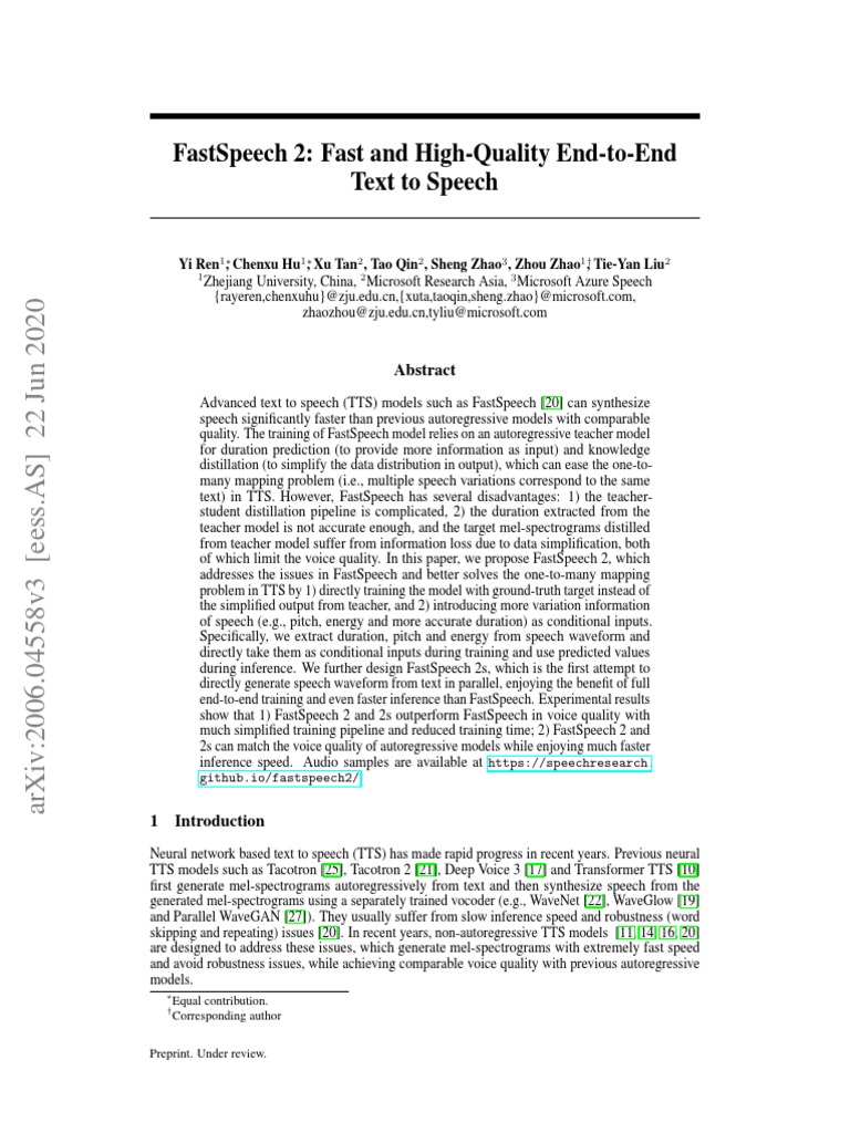 Fastspeech 2: Fast and High-Quality End-To-End Text To Speech | PDF | Speech Synthesis ...