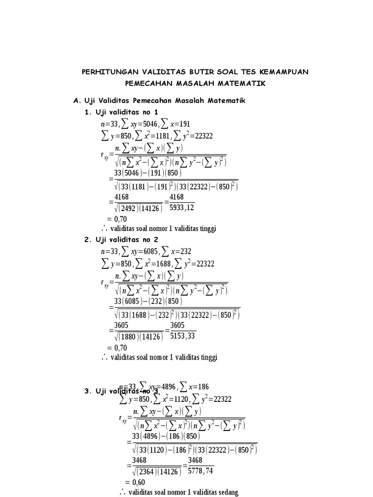 Perhitungan Validitas Butir Soal Tes Kemampuan Pemecahan Masalah ...