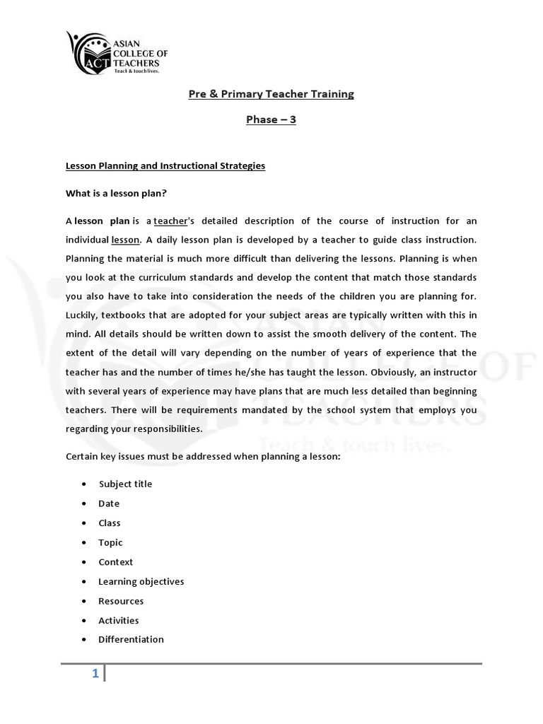 Pre & Primary Teacher Training Phase - 3: Lesson Planning and ...