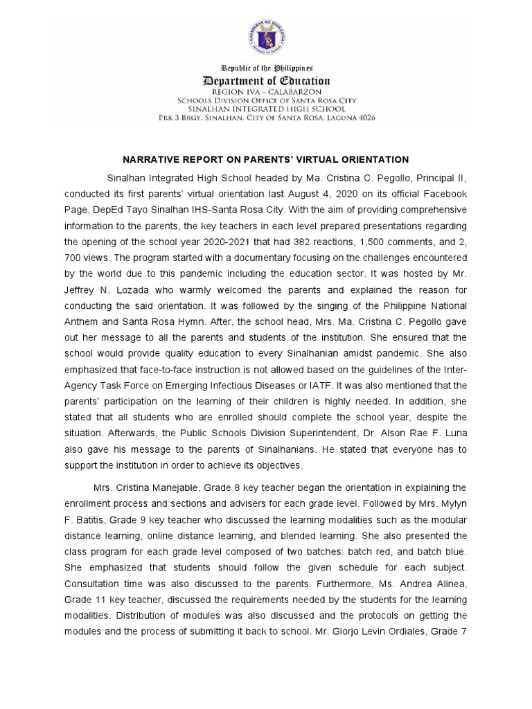 Narrative Report On Parents' Virtual Orientation | PDF | Behavior ...