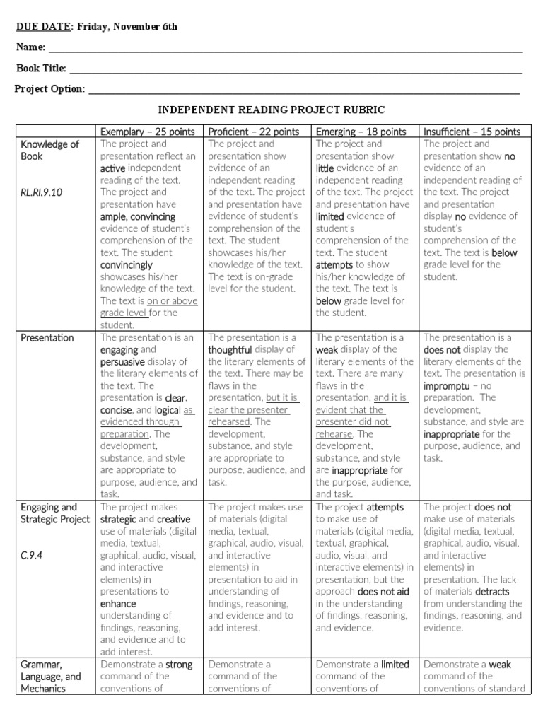 Independent Reading Project Rubric | PDF | Grammar | English Language